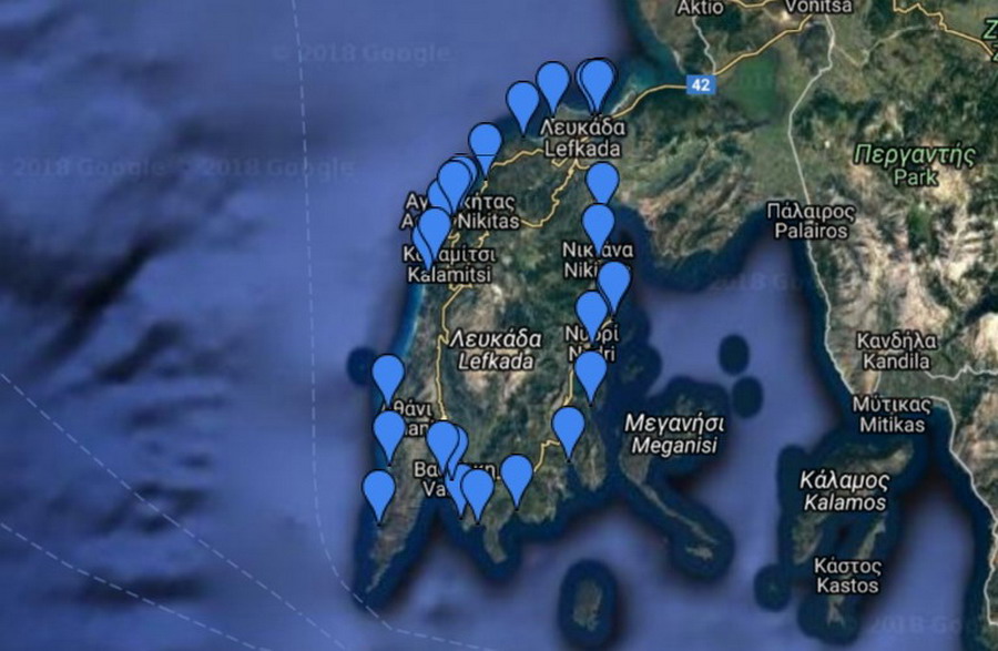 Mapa plaža na Lefkadi - Grčka Info
