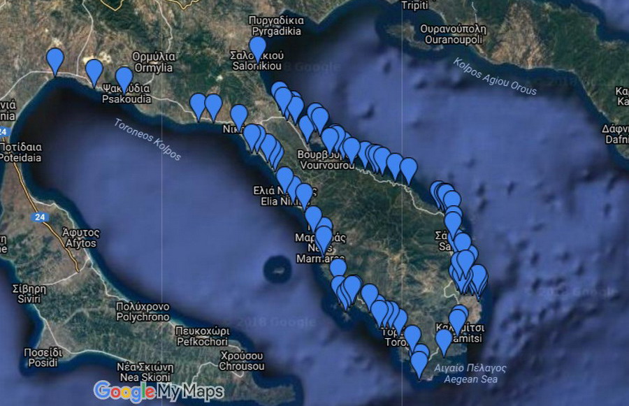 Mapa plaža na Sitoniji - Grčka Info